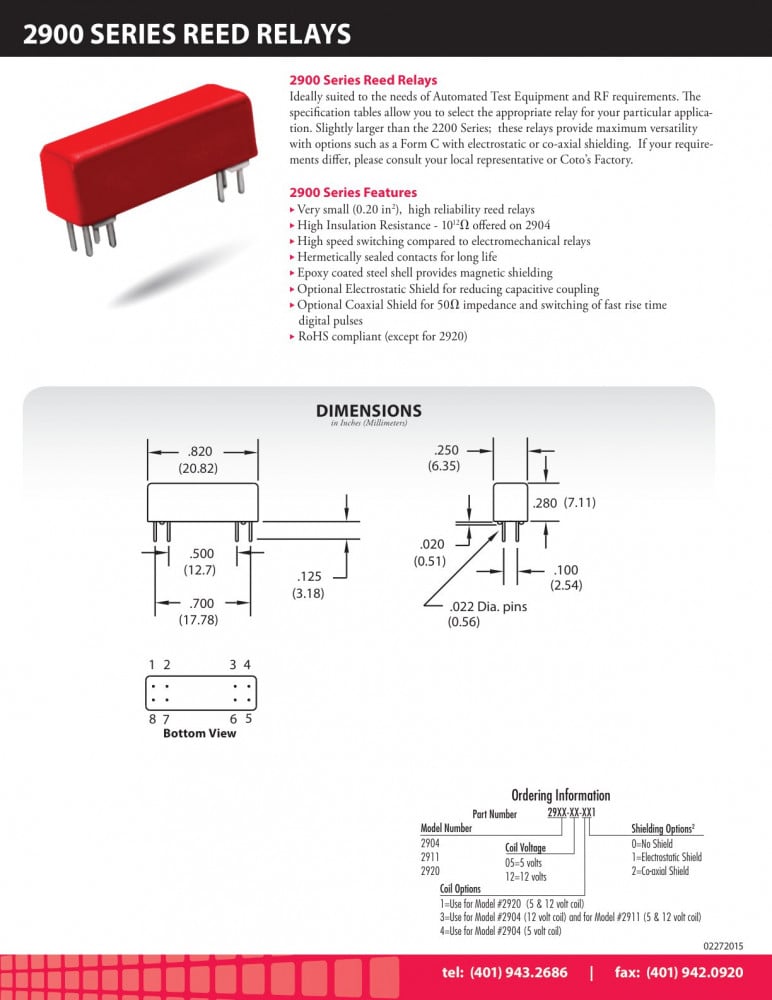 COTO 2900 Series reed relay datasheet page 1