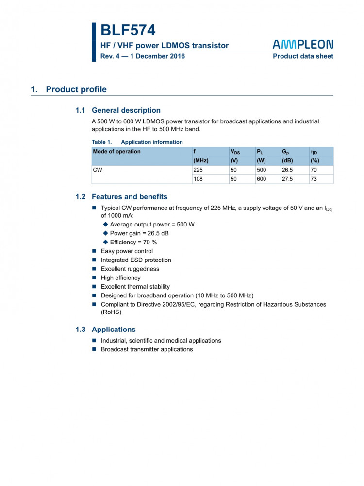 BLF574 datasheet page 1