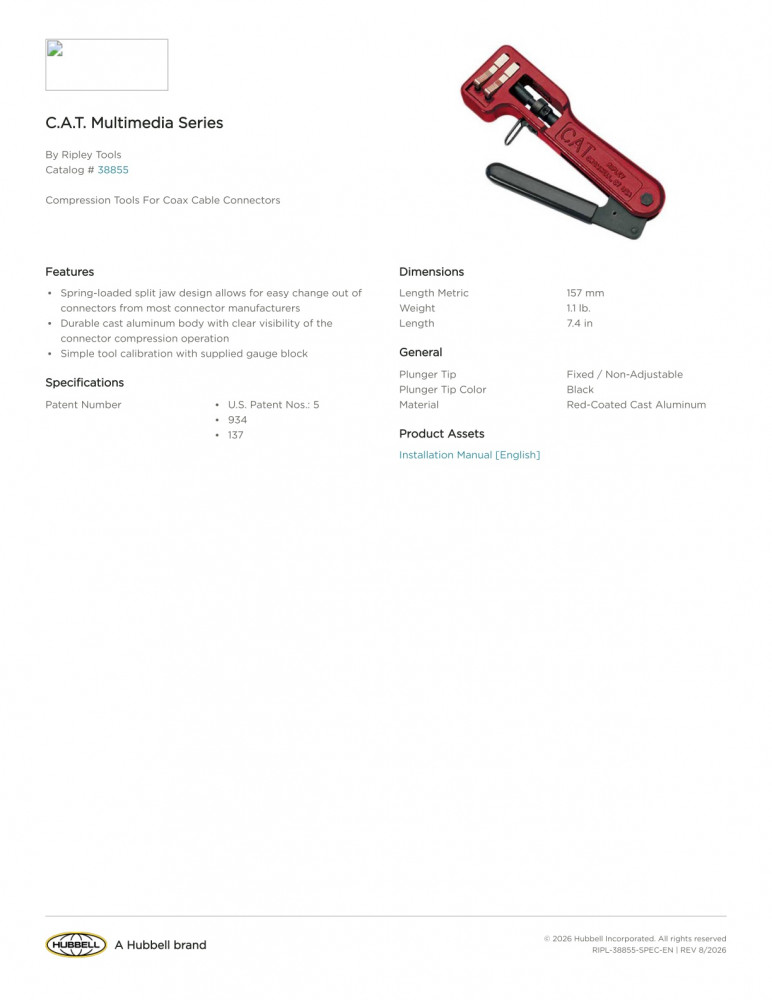 Catalog visual for Burndy 38855 C.A.T. Multimedia coax compression tool