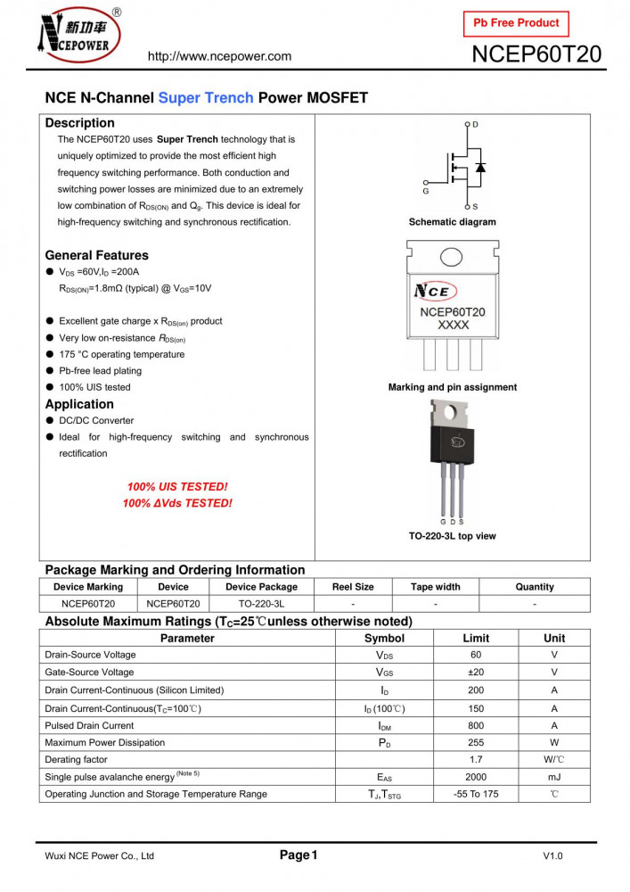 NCEP60T20 datasheet page 1