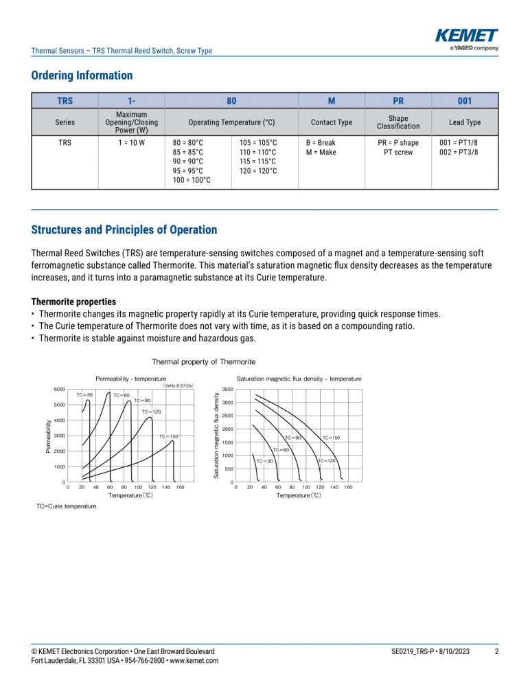 KEMET TRS thermal reed switch datasheet page 2