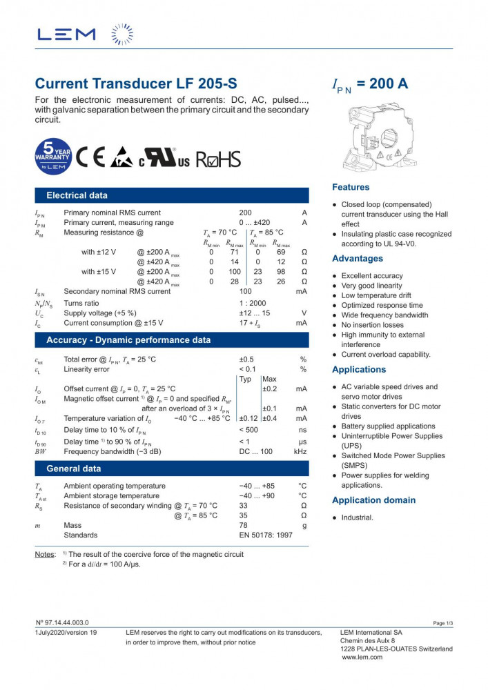 LEM LF205-S datasheet page 1