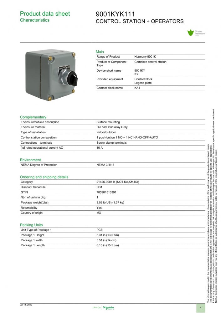 9001KYK111 technical document page 1
