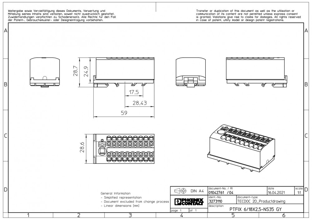 Phoenix Contact PTFIX 6/18X2,5-NS35 GY technical drawing