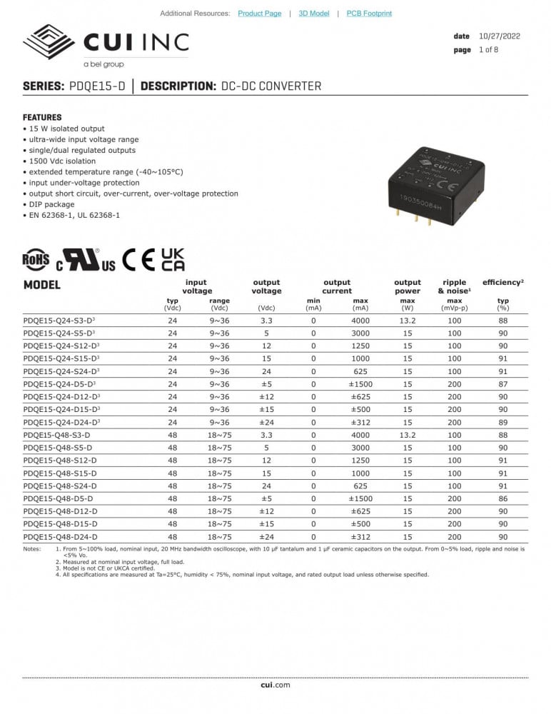 CUI PDQE15-D datasheet page 1