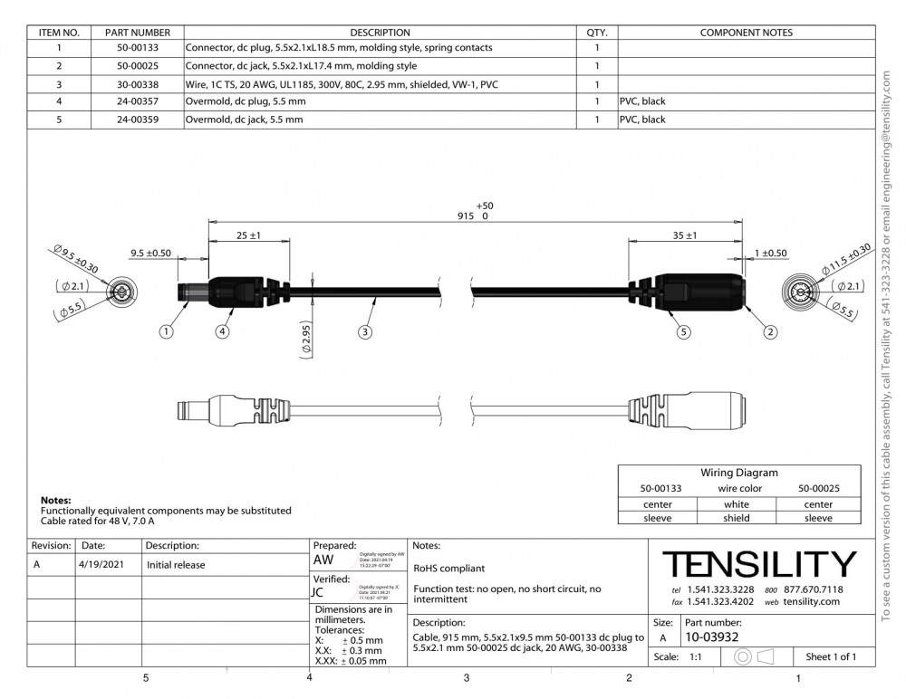 Tensility International 10-03932 cable assembly drawing