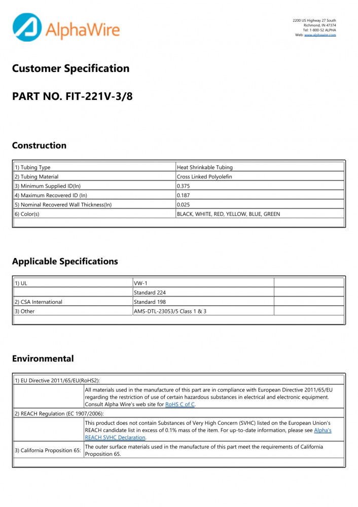 Alpha Wire FIT-221V-3/8 specification page 1