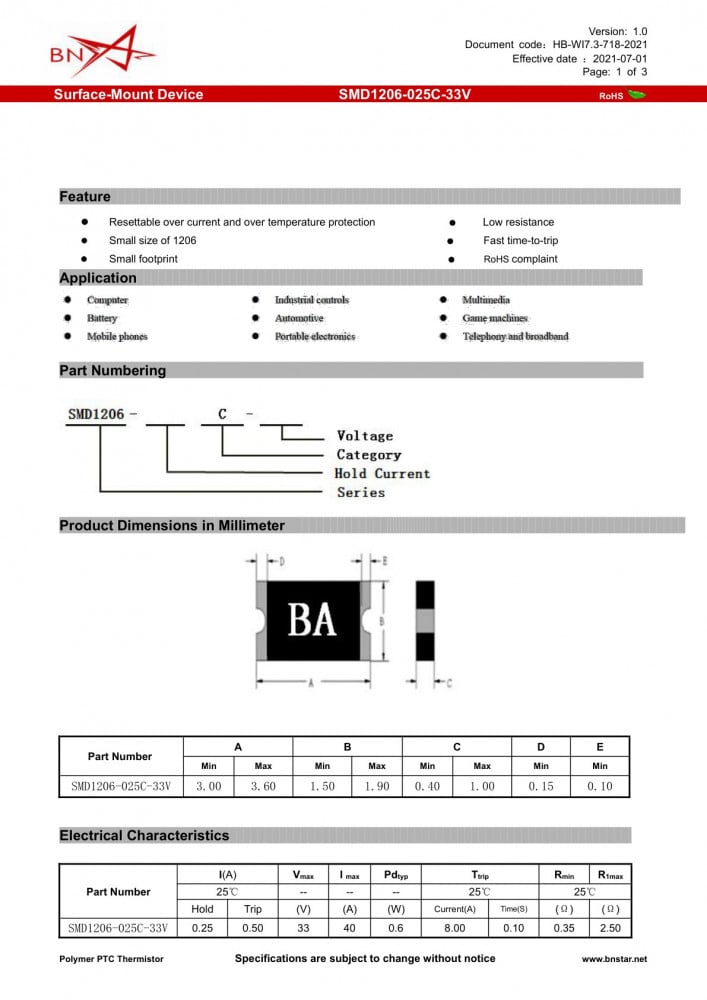 BNstar SMD1206-025C-33V datasheet page 1