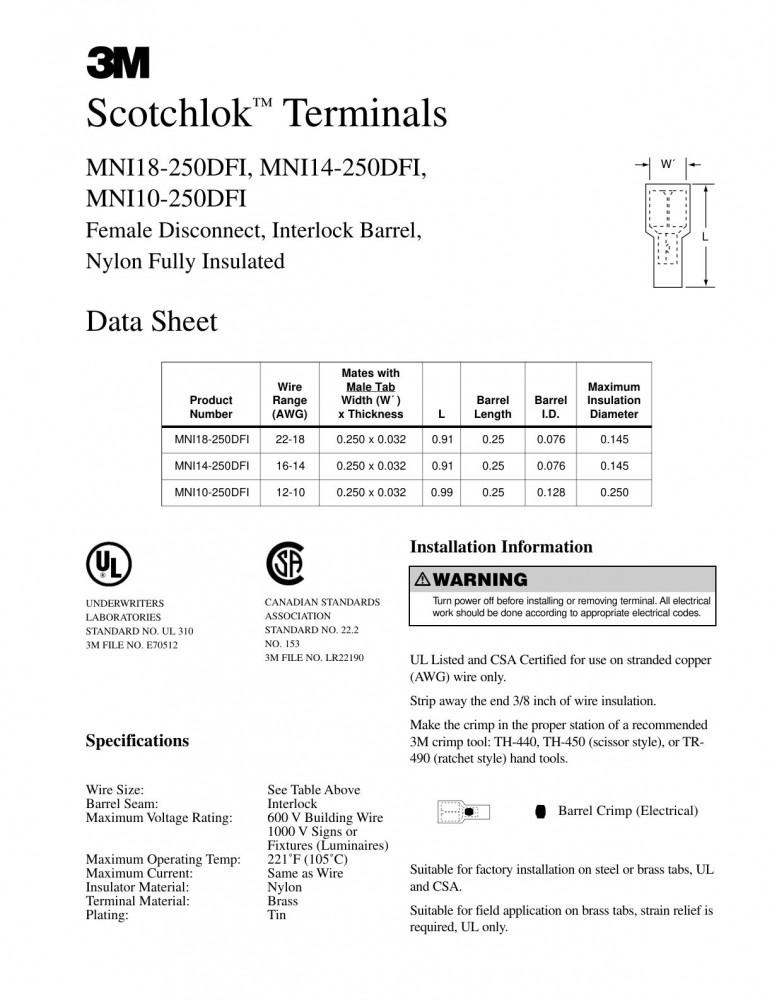 3M Scotchlok MNI18-250DFIK technical document page 1