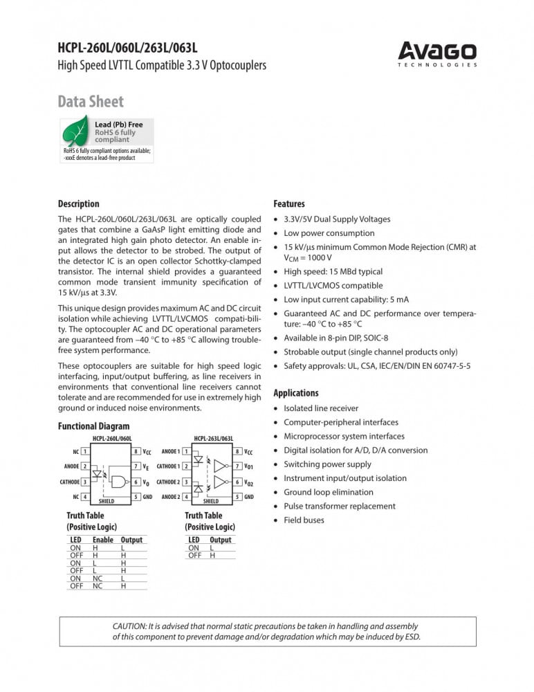 HCPL-063L-500E datasheet page 1