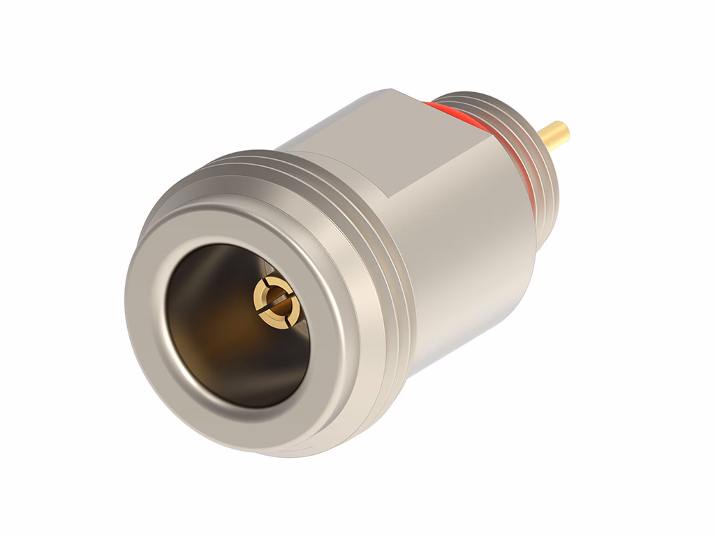 N Jack, Straight, 4-Hole Flange Mount, Crimp, RG-174, RG-188 and RG-316 Cable, Brass Body, Nickel (Ni) Plated, IP68, Tray, 50 Ohms