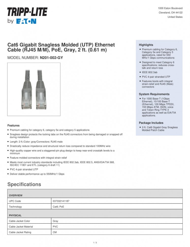 EATON N201-002-GY technical document page 1