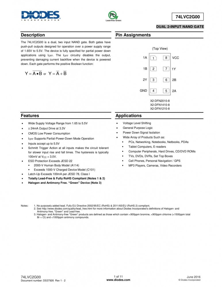 74LVC2G00HK3-7 datasheet page 1