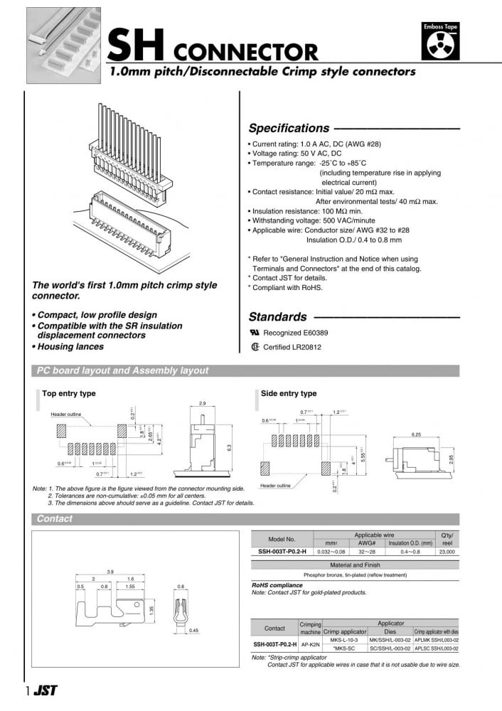 JST SR series connector specification page