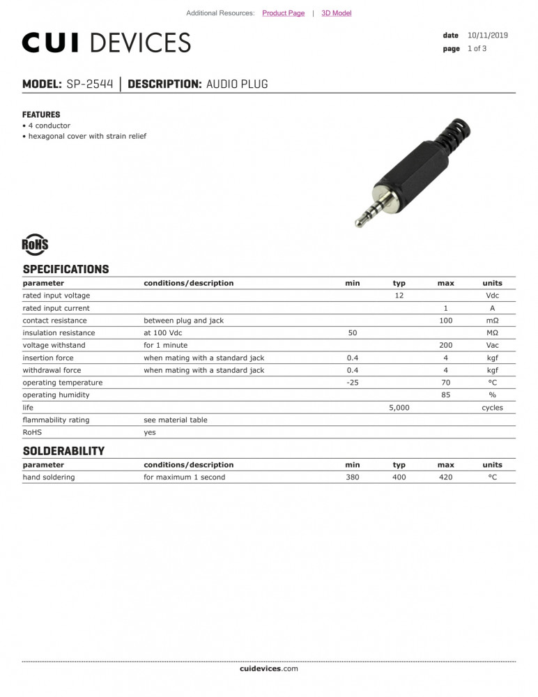 CUI SP-2544 technical document page 1