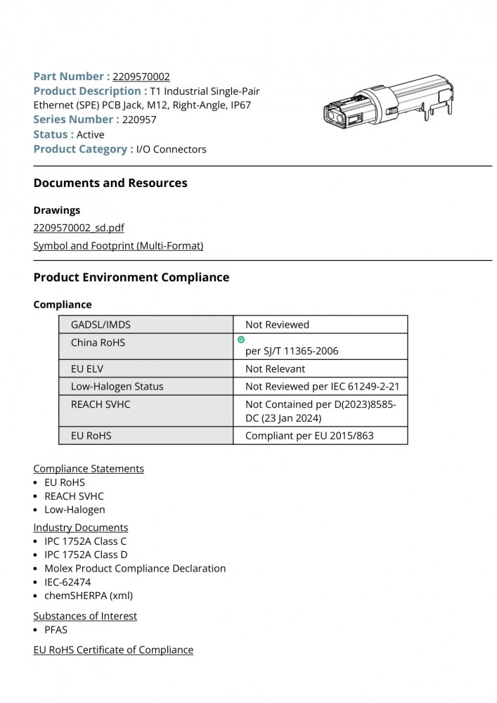 MOLEX 2209570002 technical document page 1