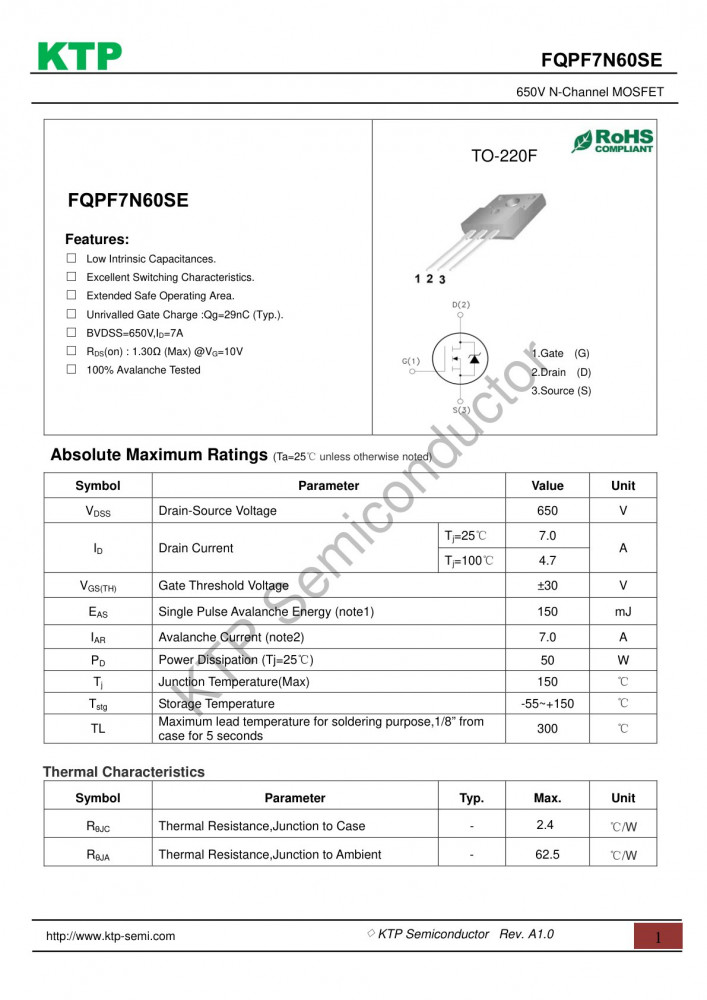 FQPF7N60SE datasheet page 1