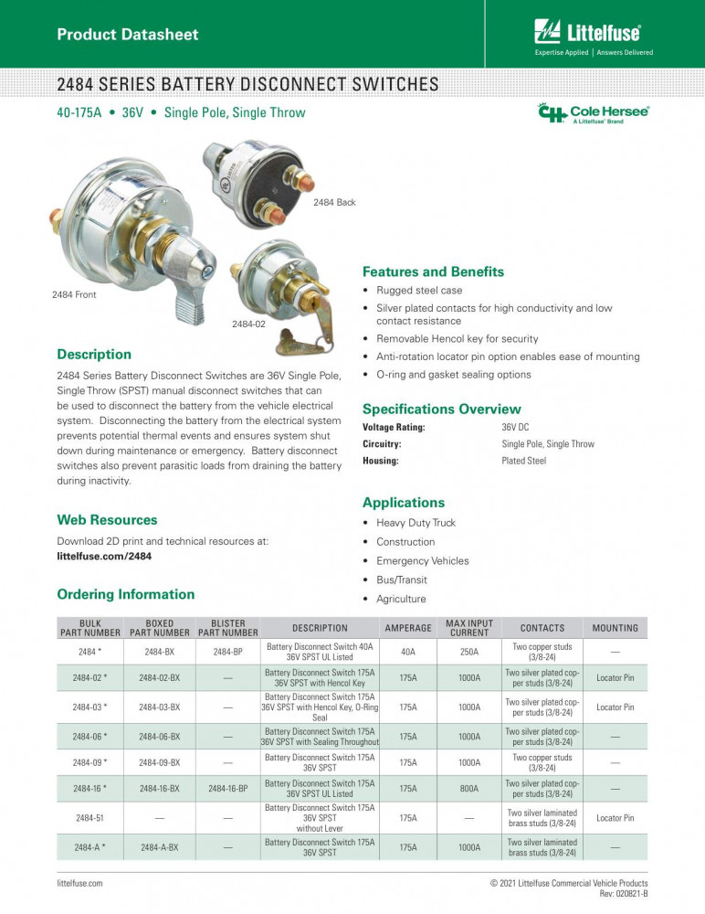 Littelfuse 2484 series battery disconnect switch documentation