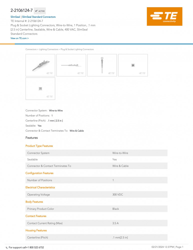 TE Connectivity 2-2106124-7 technical document page 1