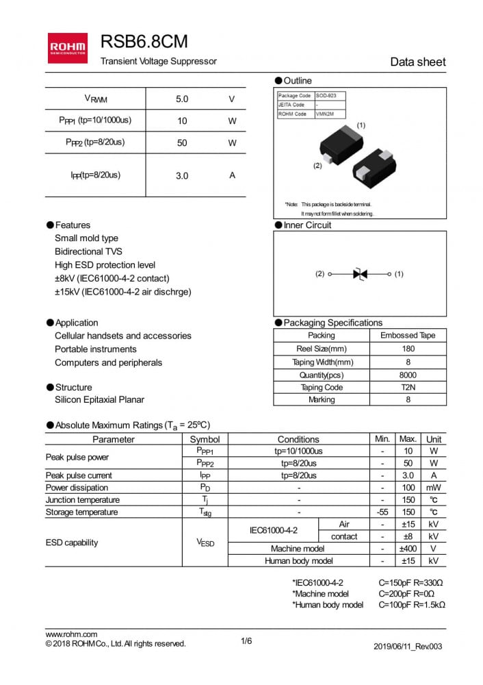 ROHM RSB6.8CMGJT2N technical document page 1