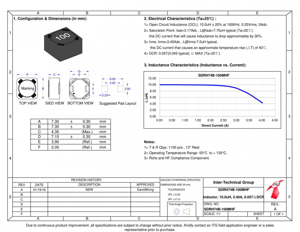 SDRH74B-100MHF technical drawing and specification sheet