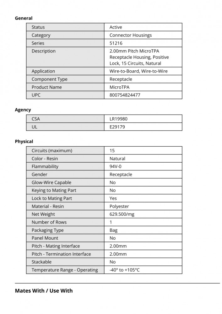 Technical document page 2 for MOLEX 512161500