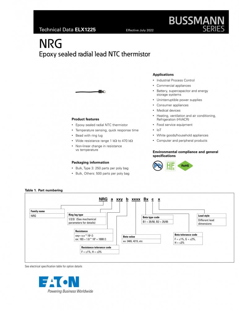 EATON NRG thermistor datasheet page 1
