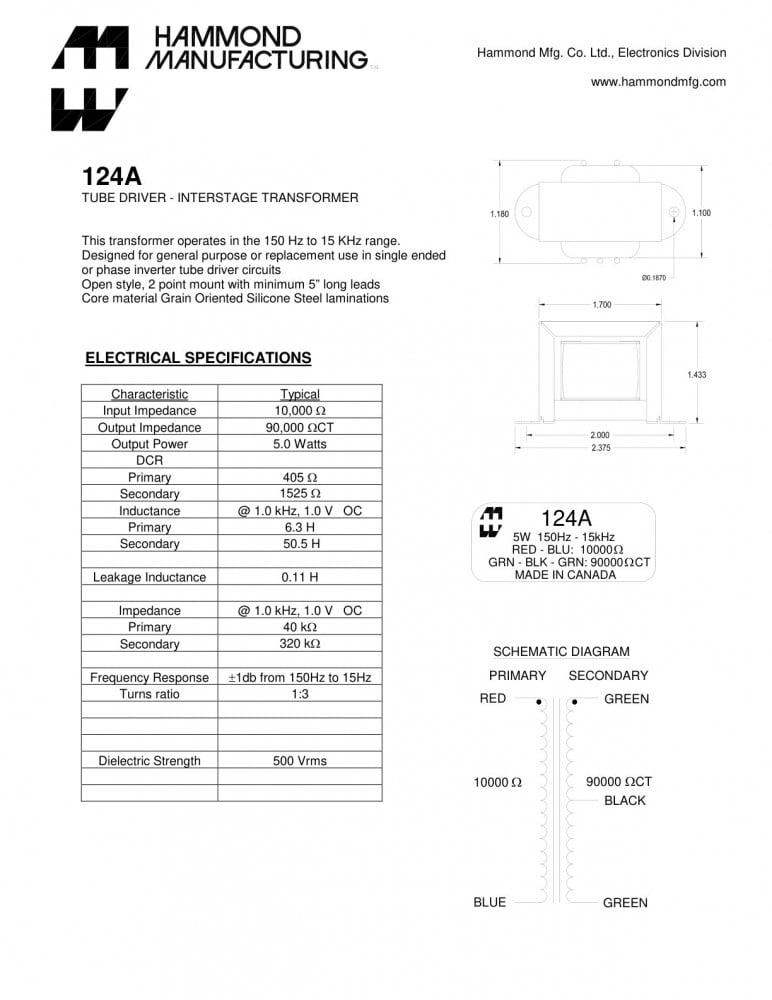 Hammond 124A technical document page 1