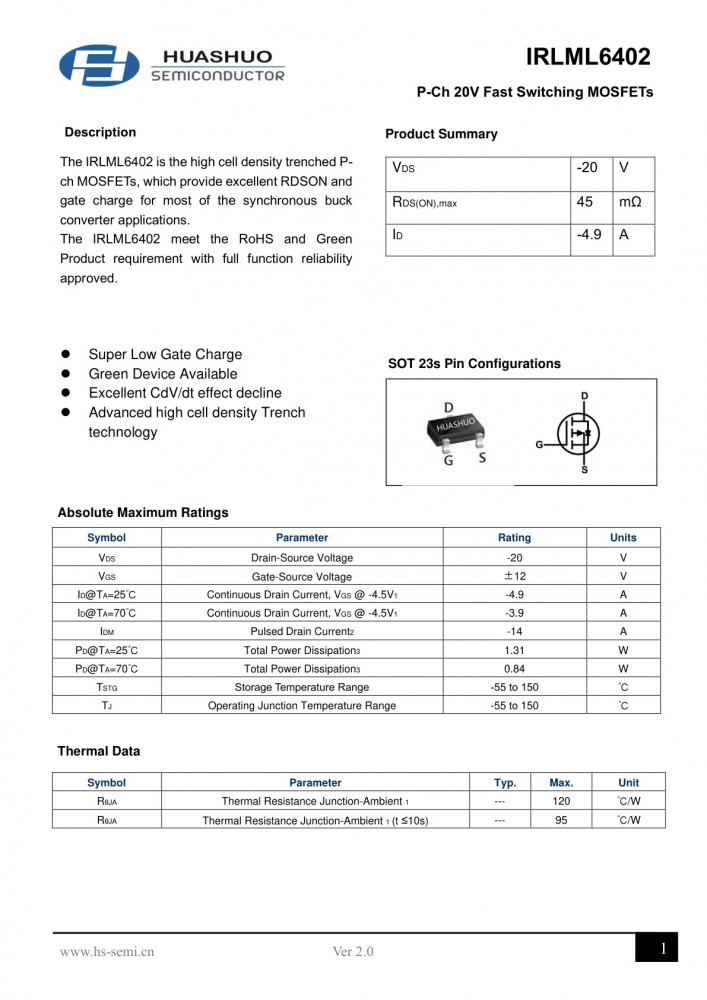 IRLML6402 datasheet page 1