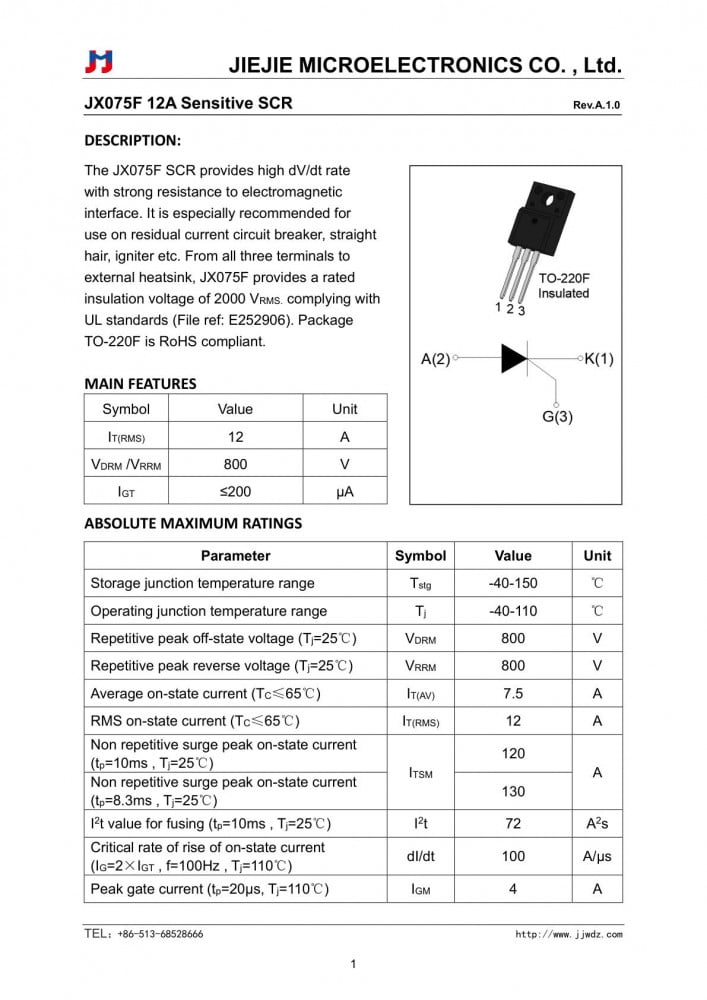 JX075F datasheet page 1