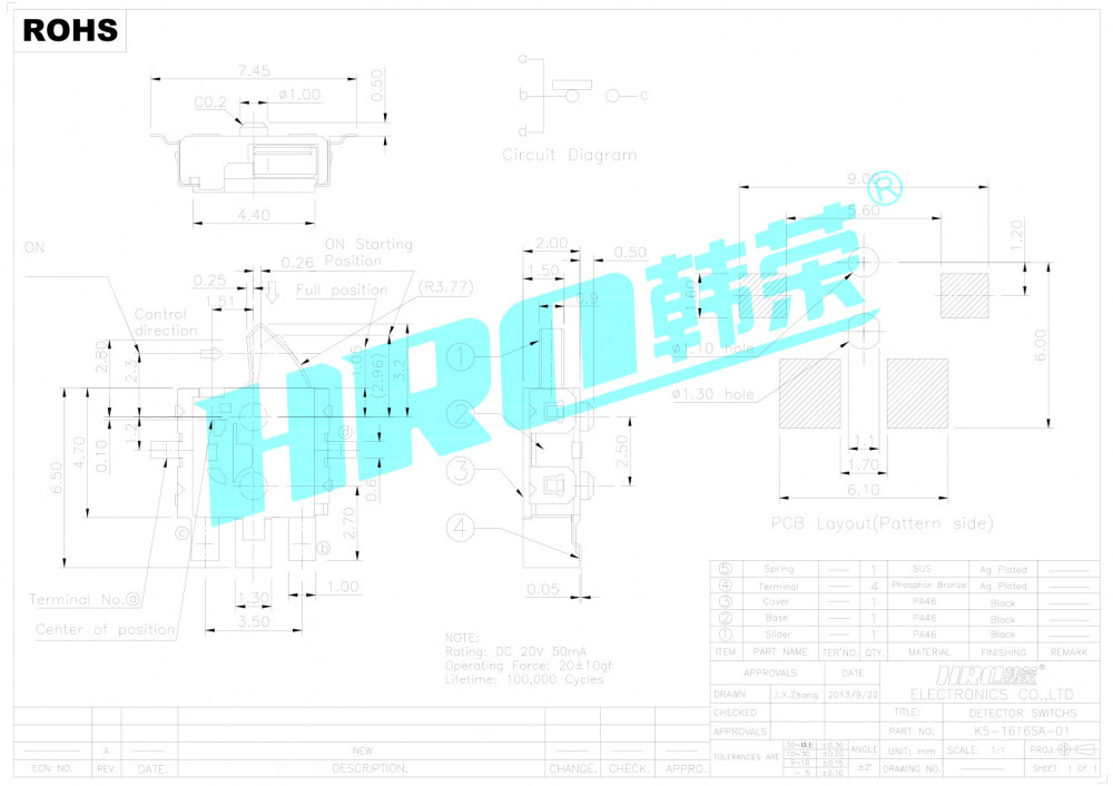 K5-1616SA-01 detector switch technical drawing