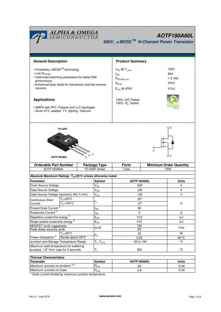 AOTF190A60L datasheet page 1
