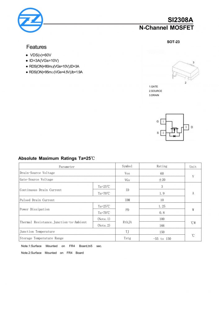 SI2308A technical datasheet page 1
