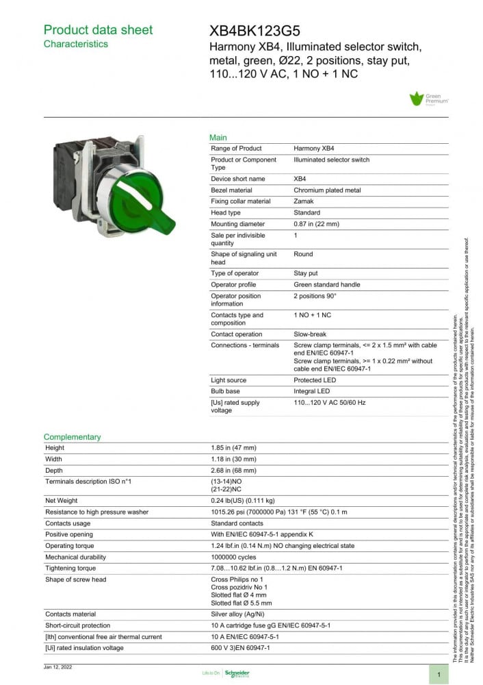 XB4BK123G5 technical document page 1