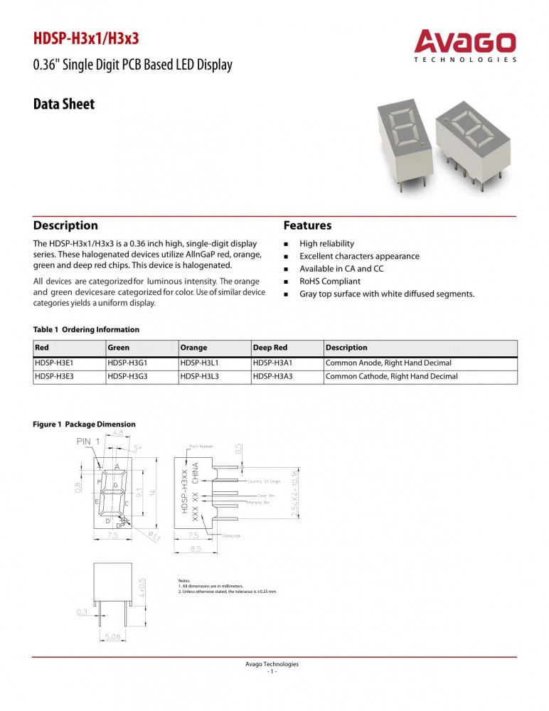 HDSP-H3G1 datasheet page 1