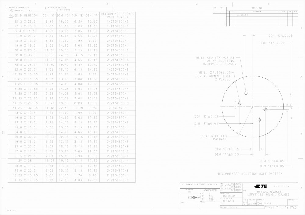 TE Connectivity recommended mounting hole pattern