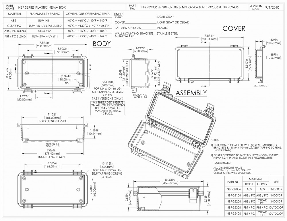 Bud Industries NBF series enclosure product drawing and specification sheet