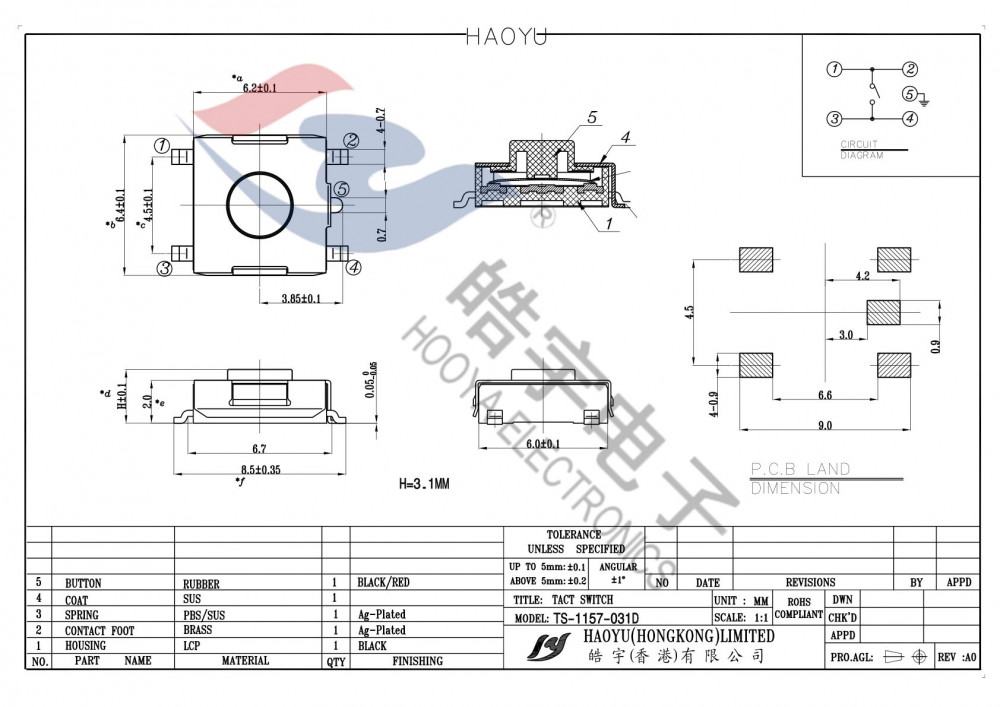 HOOYA TS-1157-031D tact switch drawing