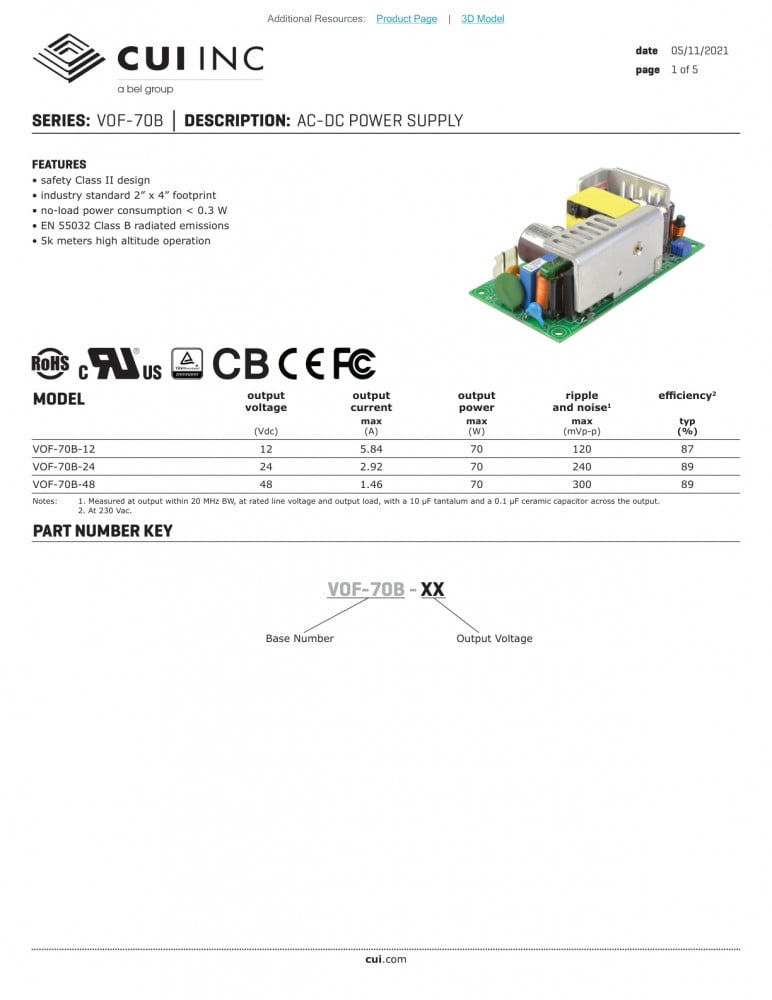 CUI VOF-70B-48 datasheet page 1