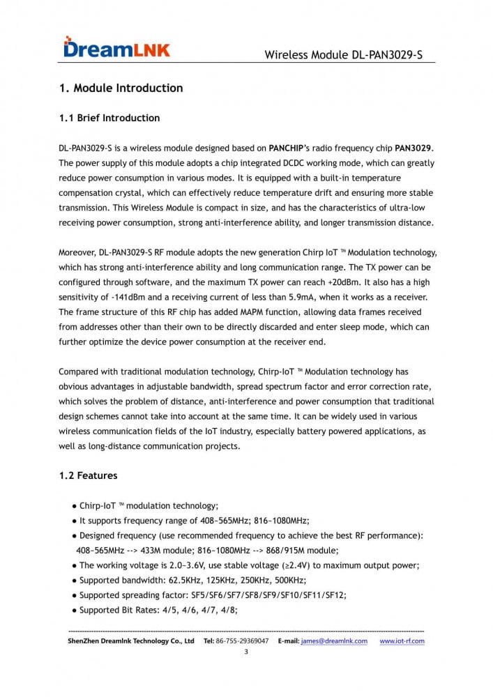DL-PAN3029-S datasheet page 3