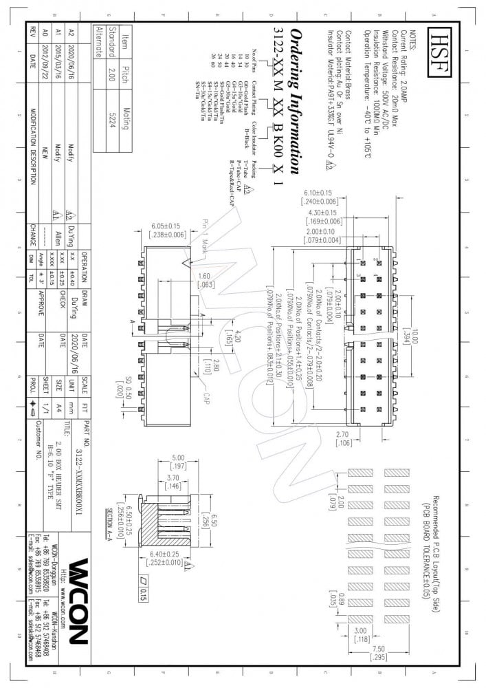 WCON 3122 series 2.00 mm box header drawing