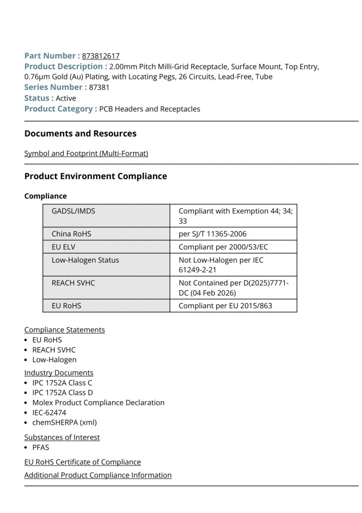 Technical document page 1 for MOLEX 873812617