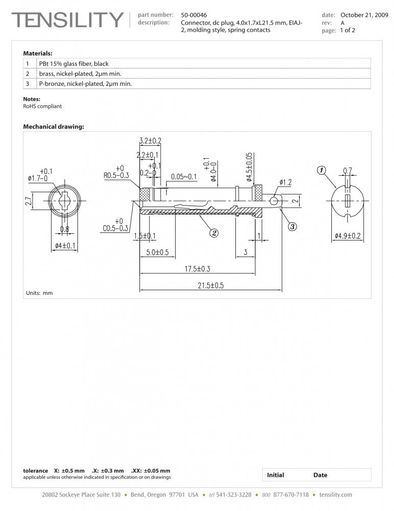 Tensility International 50-00046 technical drawing page 1