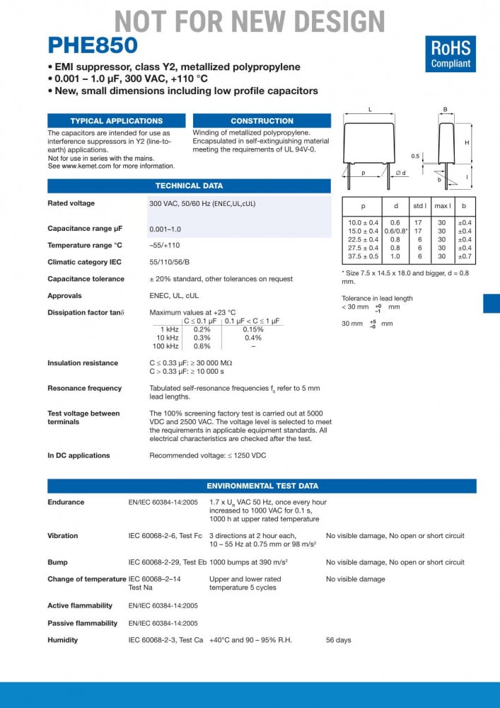 KEMET PHE850 technical document page 1