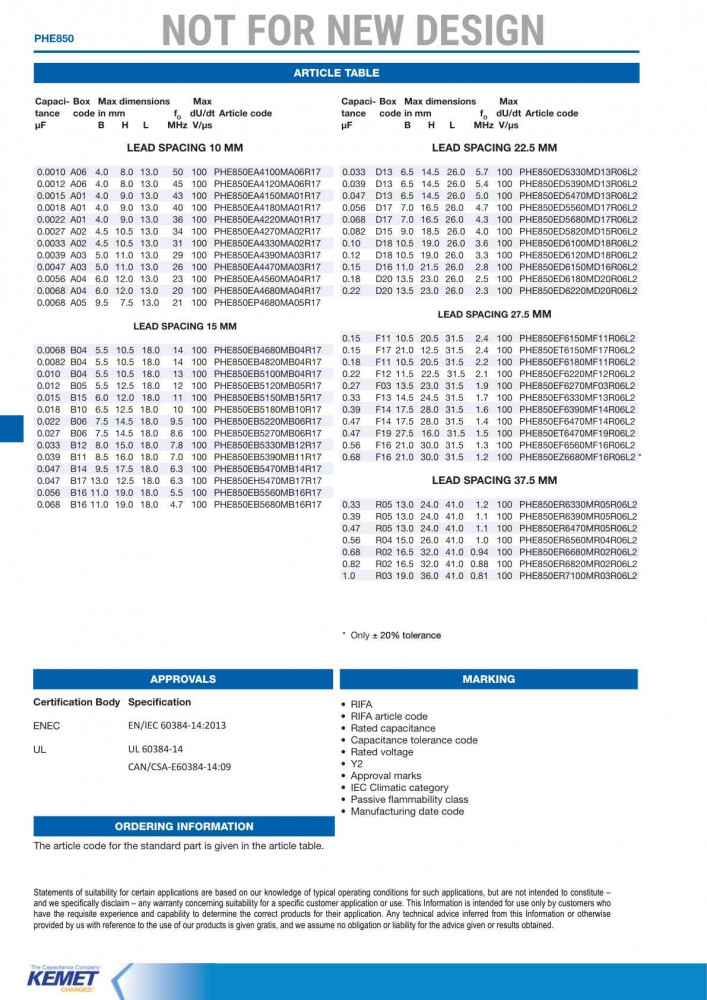 KEMET PHE850 technical document page 2