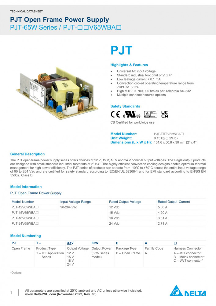 DELTA PJT datasheet page 1