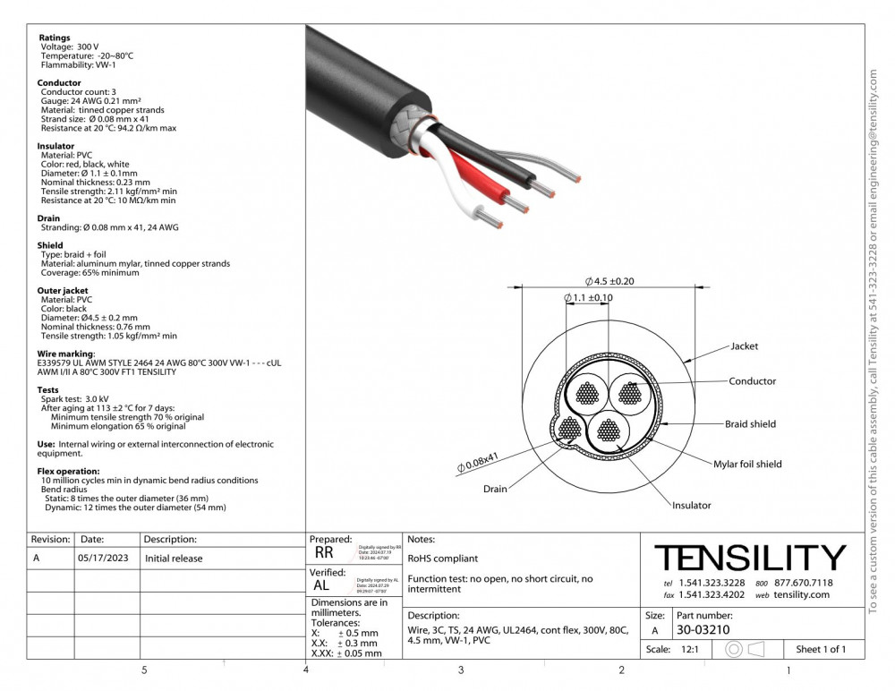 Tensility International 30-03210 product drawing and cable specifications