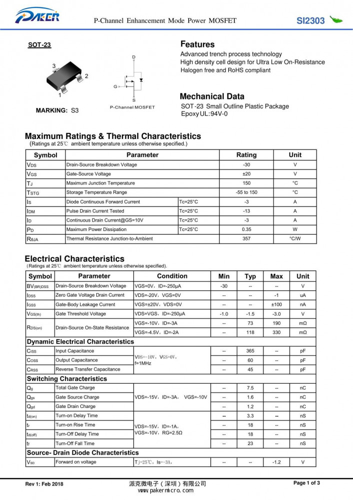SI2303 datasheet page 1