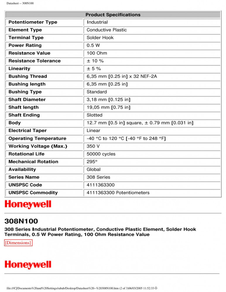 Honeywell 308N100 datasheet page 2