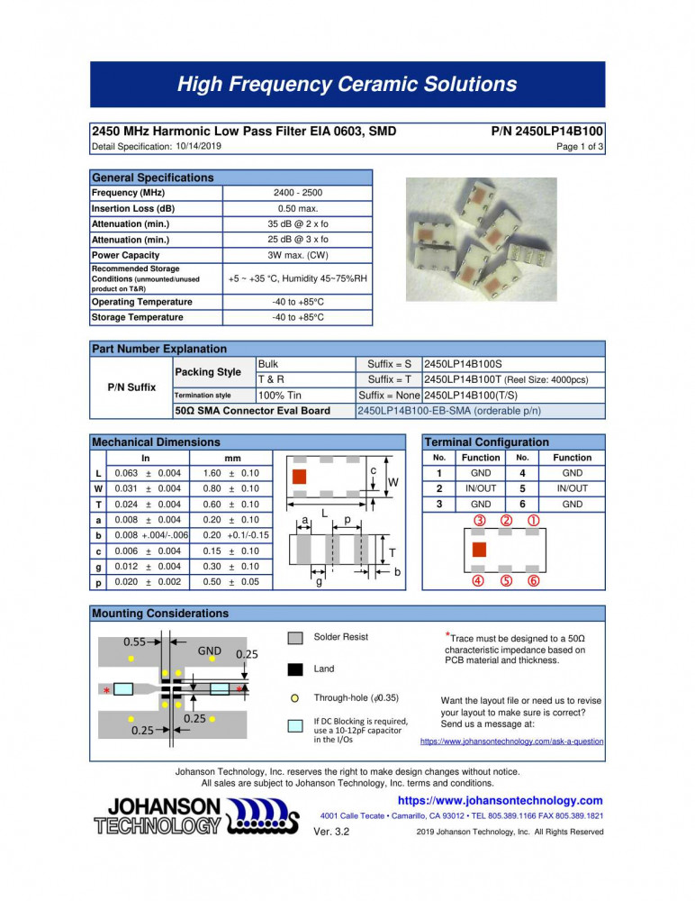 2450LP14B100 series datasheet page 1: specifications, part numbering, dimensions and mounting guidance